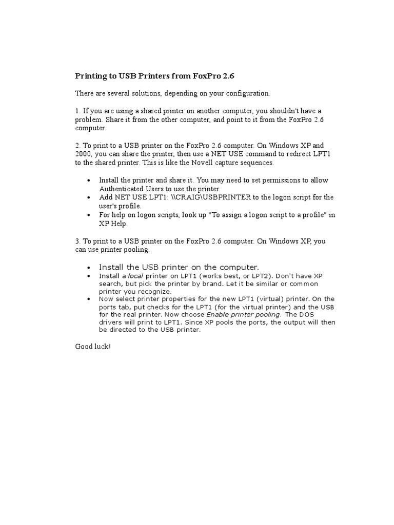 Printing from FoxPro 2.6 to USB Printers | PDF | Games & Activities | Computers