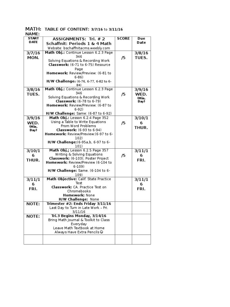 Math Assignments: 3/7/16 - 3/11/16 | PDF