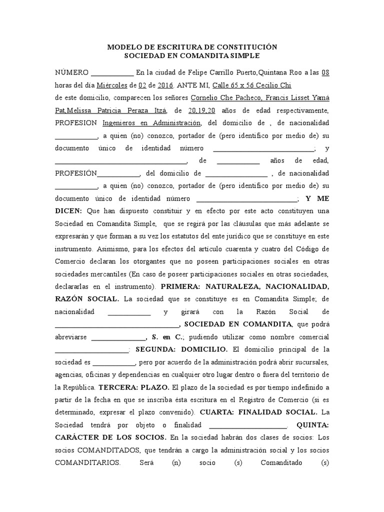 Modelo de Sociedad en Comandita Simple | Liquidación | Civil