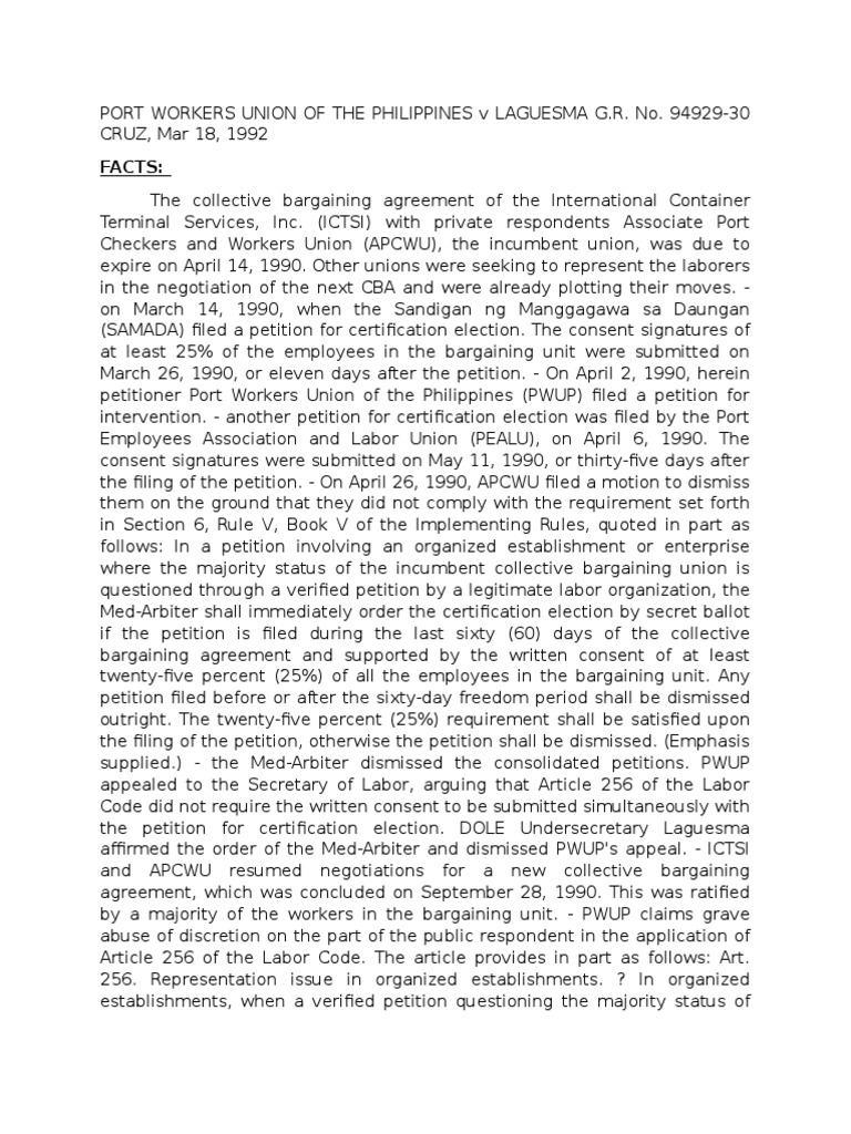 Port Workers Union of The Philippines V Laguesma G | PDF | Collective ...