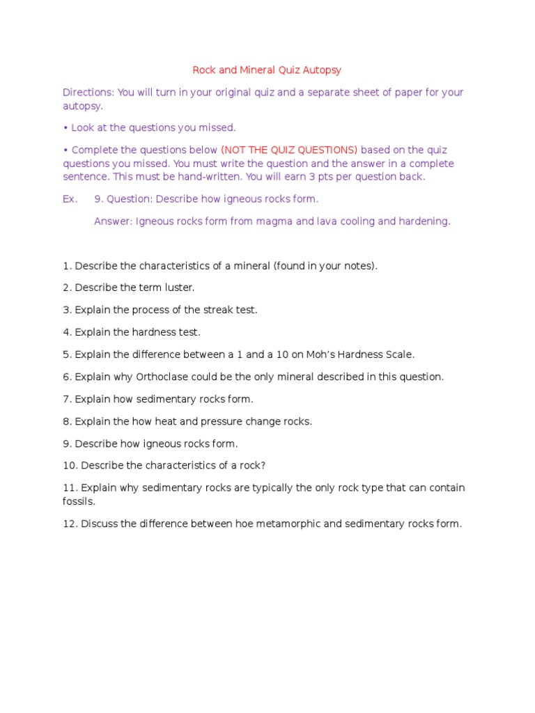 Rock and Mineral Quiz Reflection Guide | PDF | Science & Mathematics