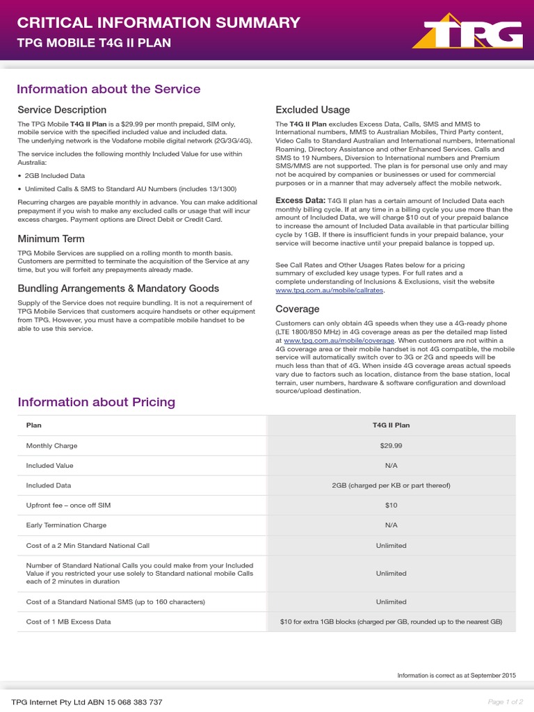 Information About The Service: TPG Mobile T4G Ii Plan | PDF | Roaming ...