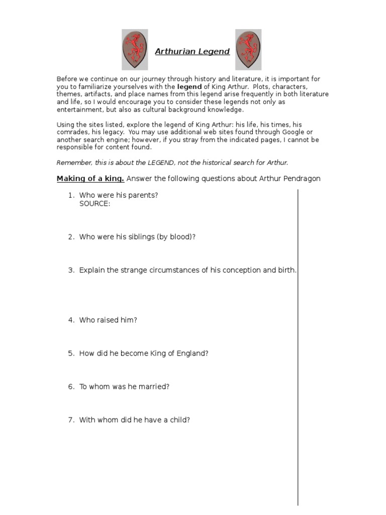 Arthurian WebQuest Rev11 | PDF | King Arthur | Morgan Le Fay