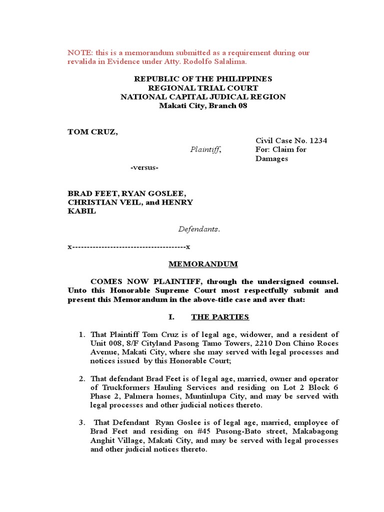 Sample Memorandum | PDF | Negligence | Damages