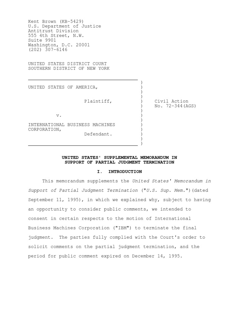 United States' Supplemental Memorandum in Support of Partial Judgment ...