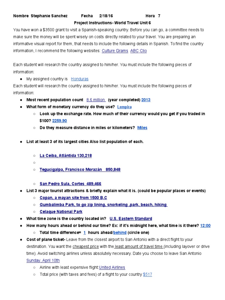 Copyofprojectinstructions Worldtravelunit6 | PDF | Honduras | Hostel