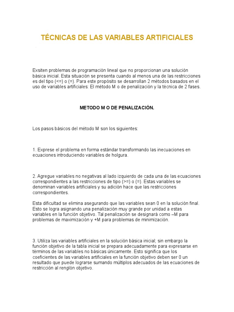 Técnicas de Las Variables Artificiales | PDF | Programación lineal | Programación de computadoras