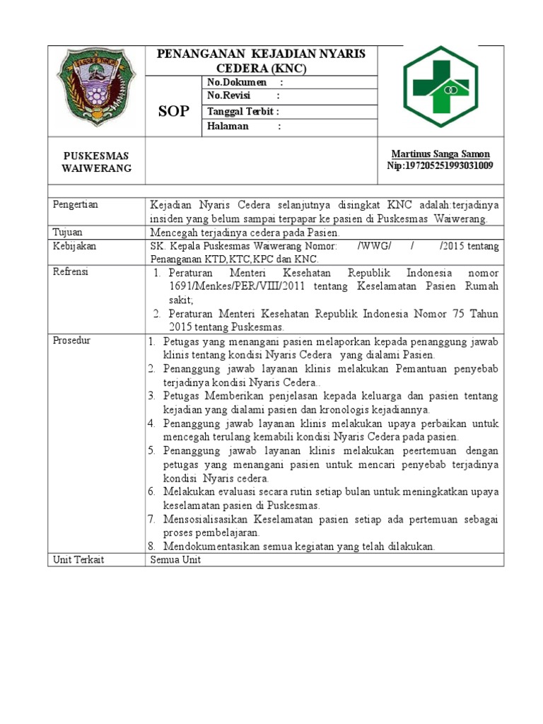 Sop Penanganan Kejadian Nyaris Cedera (KNC) | PDF