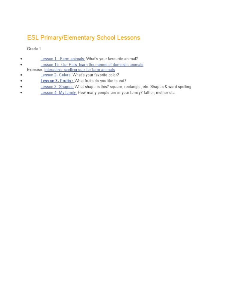 ESL Lessons for Grade 1 Students | PDF