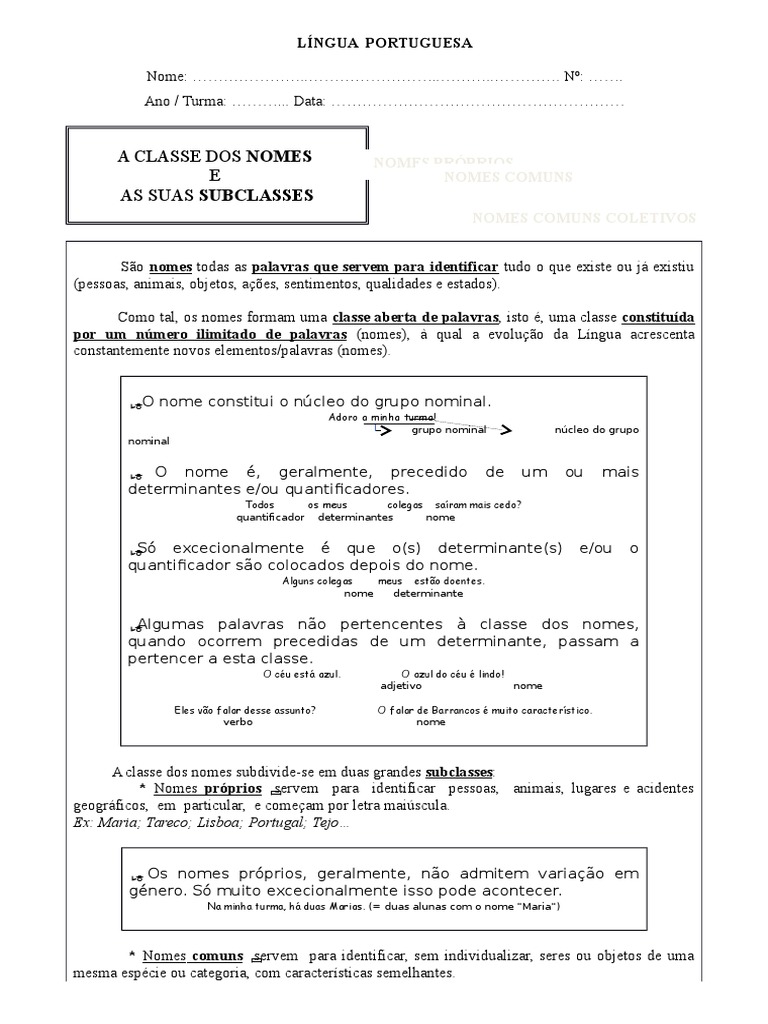 Classes e Subclasses dos Nomes | PDF | Idiomas | Natureza