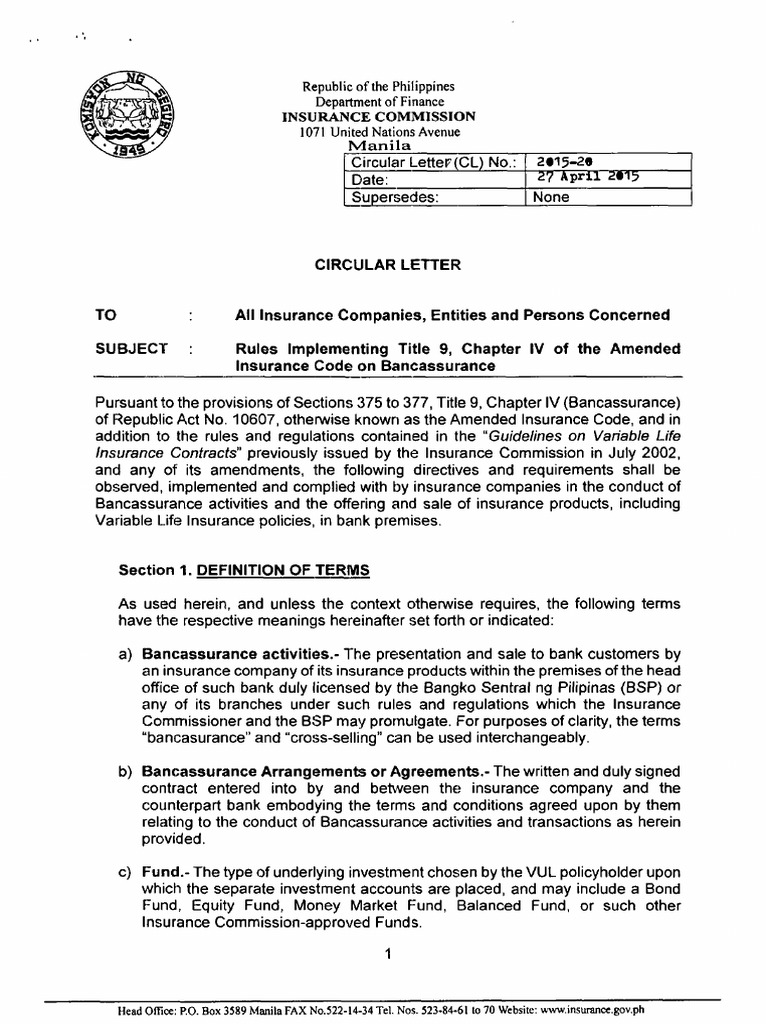 IC Circular Letter 2015_20 | Insurance | Investing