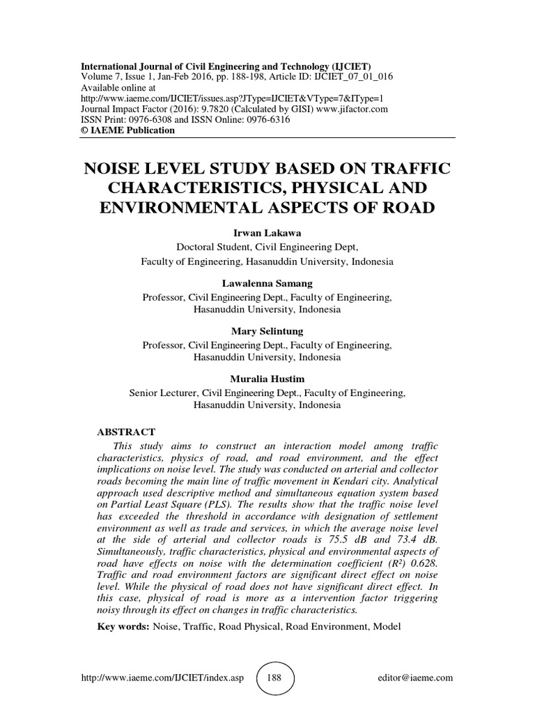 Noise Level Study Based On Traffic Characteristics, Physical and ...