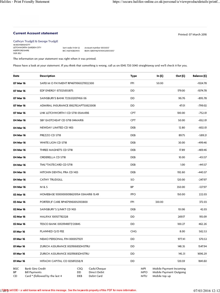 Halifax - Print Friendly Statement | PDF | Payments | Cheque