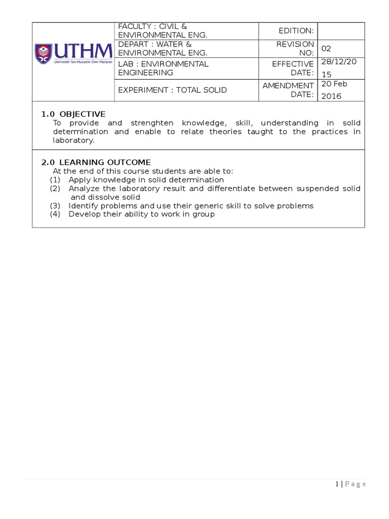 Lab Sheet TSS 2016 | Filtration | Wastewater