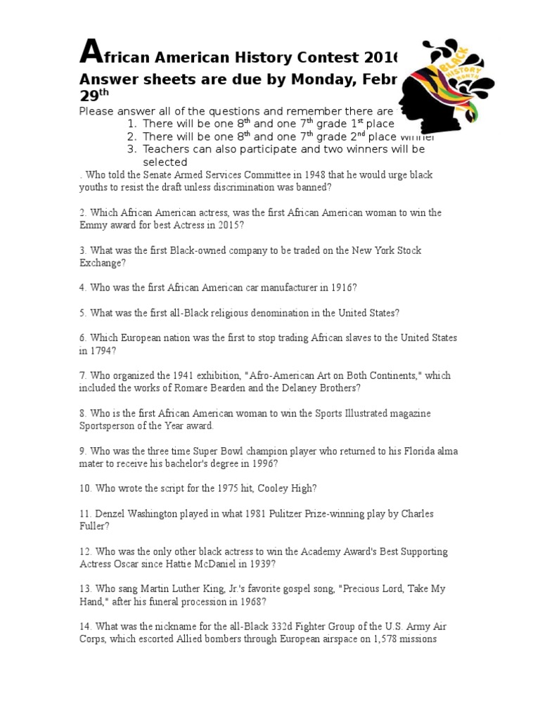 African American History Contest 2016 Answers | PDF | African American ...