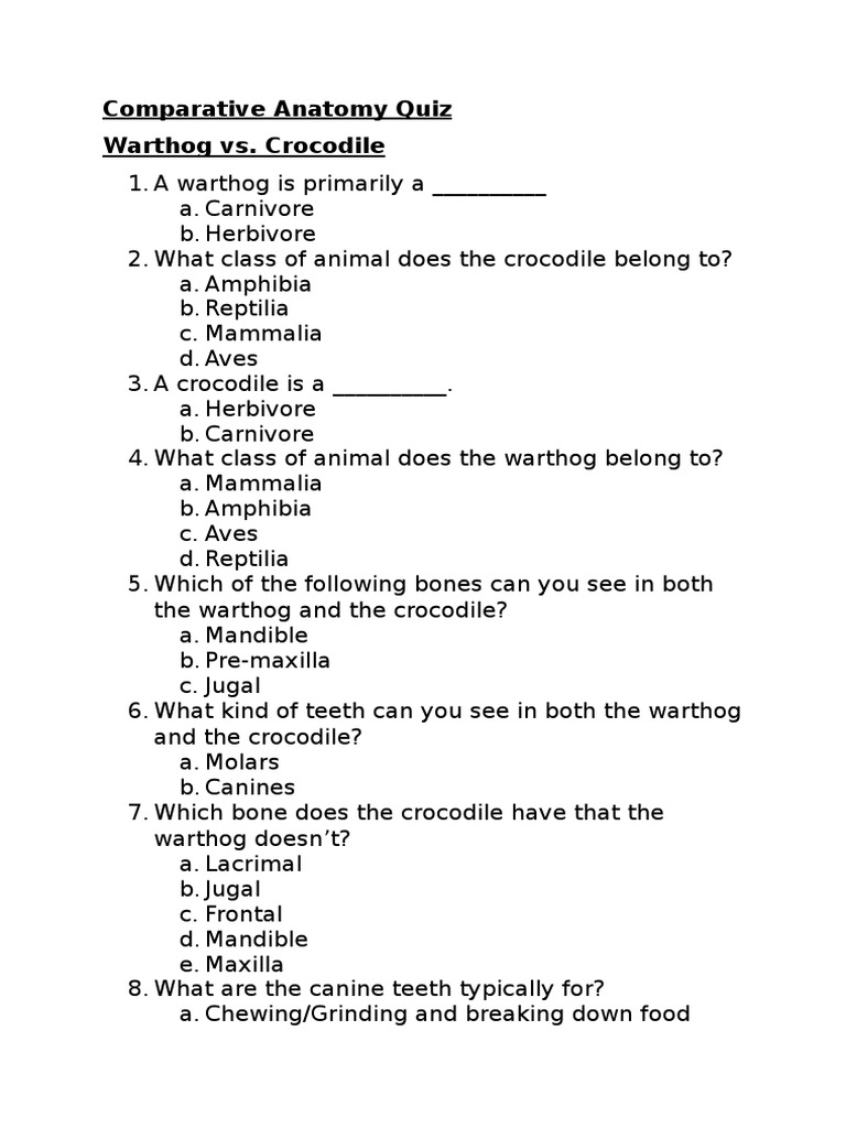 Comparative Anatomy Quiz | PDF | Science & Mathematics