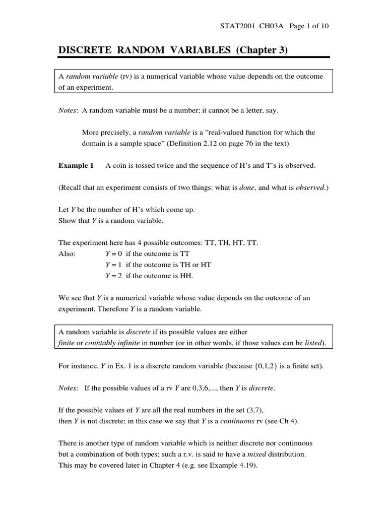 Discrete Random Variables (Chapter 3) : Example 1 | PDF | Random ...