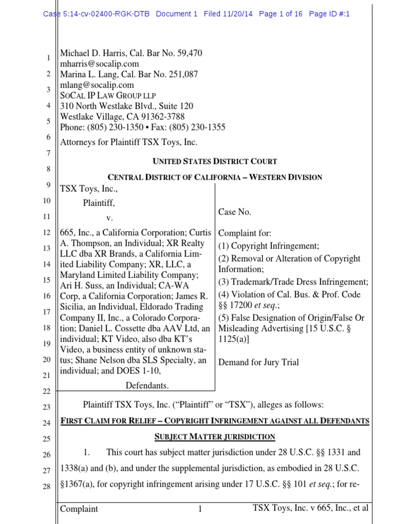 TSX v. 665 - Complaint | PDF | Trade Dress | Complaint