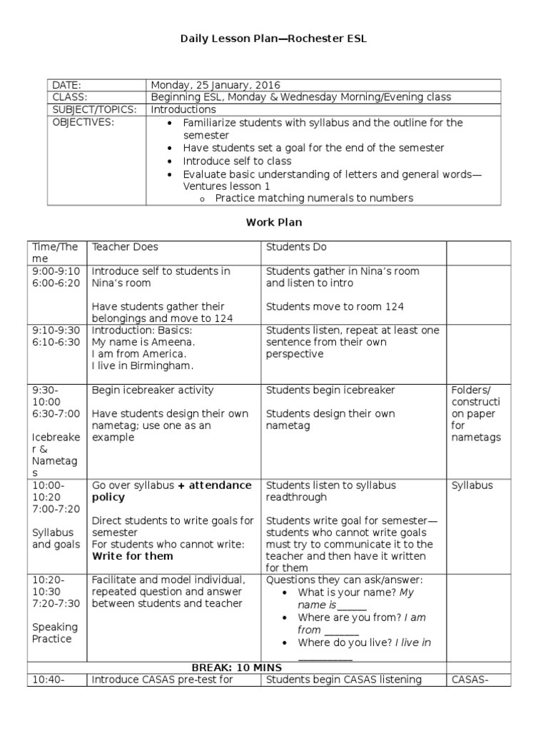 Daily Lesson Plan-Rochester ESL: Name Is - From | PDF | Lesson Plan ...