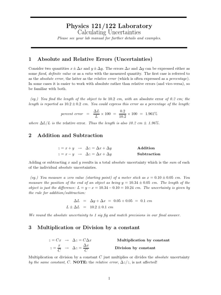 Physics 121/122 Laboratory Calculating Uncertainties | PDF ...