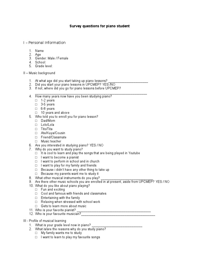 Survey Questions For Piano Student | PDF | Teaching | Quality Of Life