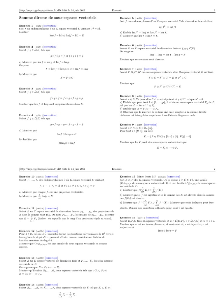Somme directe d'espaces vectoriels | PDF | Espace vectoriel | Relations ...