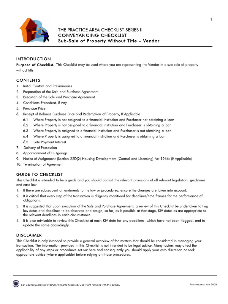 Conveyancing Checklist Sub Sale of Property WithoutTitle Vendor ...