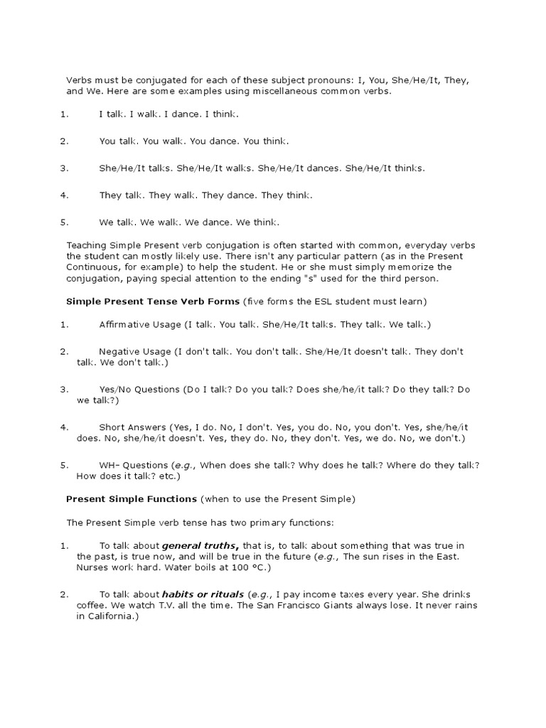 Simple Present Tense Verb Conjugation Guide | PDF | Verb | Grammatical ...