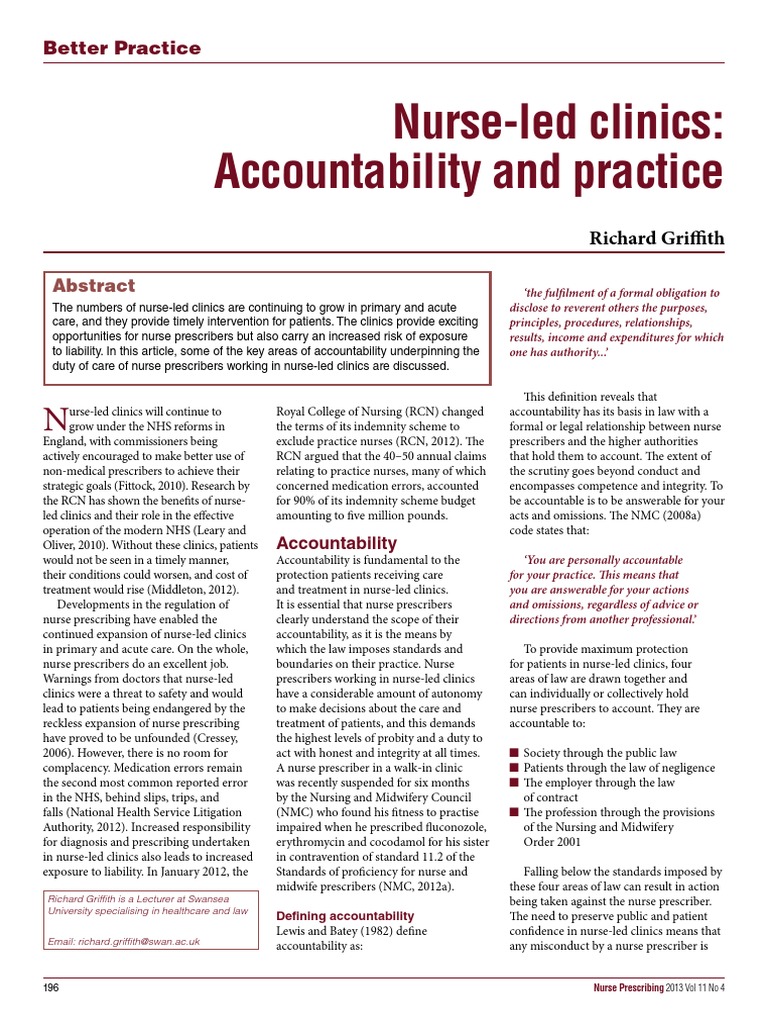 Nurse-Led Clinics: Accountability and Practice | PDF | Prescription ...