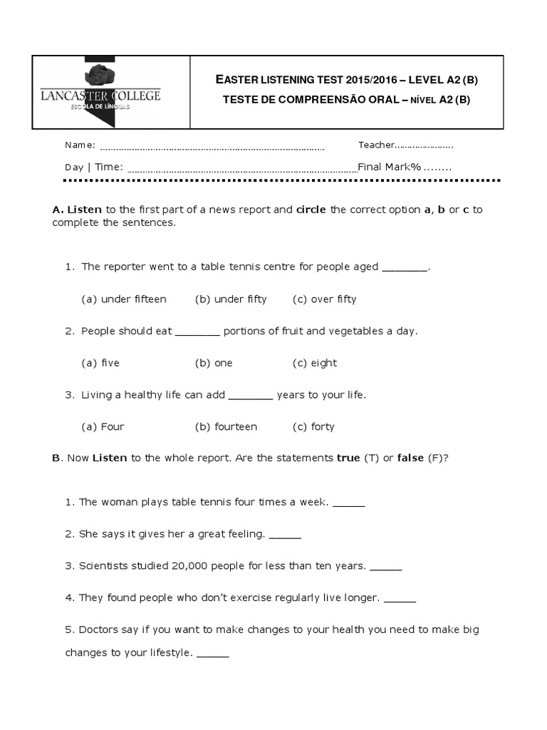 A2 Listening Test: Health & Lifestyle | PDF