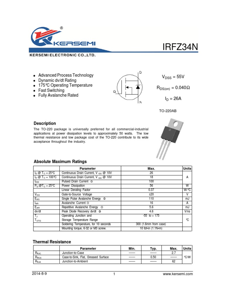 IRFZ34N Datasheet - K | PDF | Field Effect Transistor | Diode