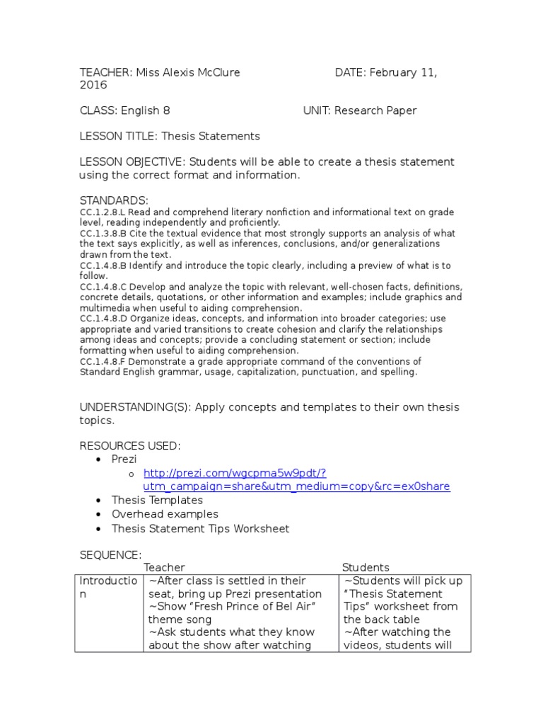 Thesis Statement Lesson Plan | PDF | Reading Comprehension | Lesson Plan