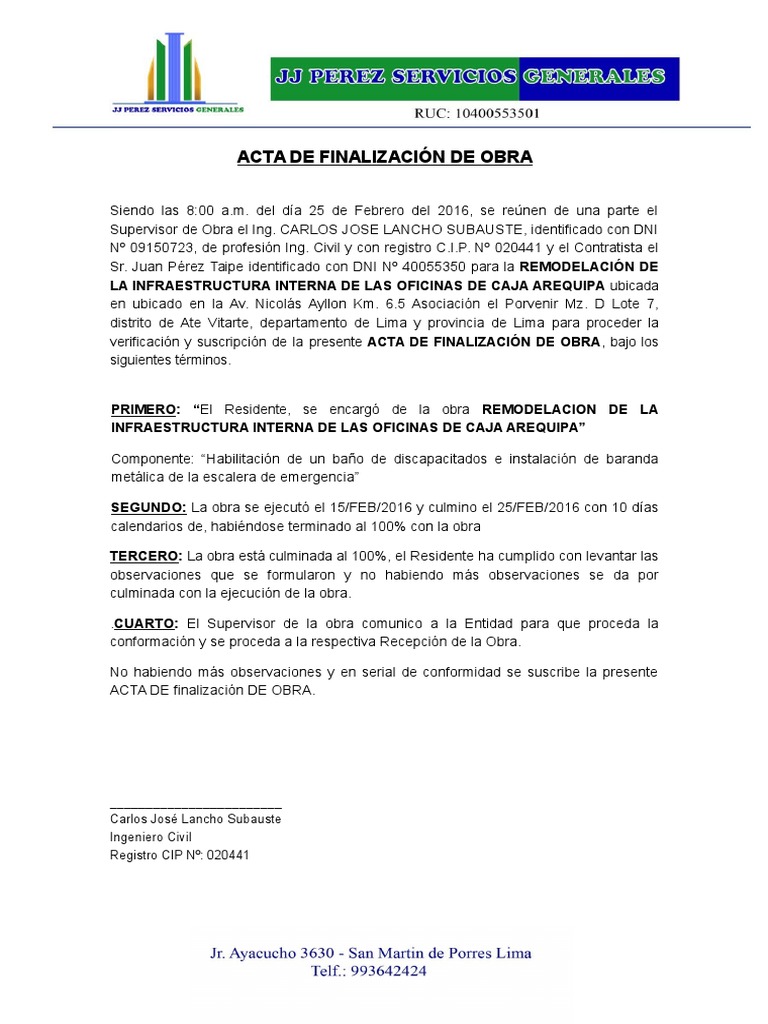 Acta de Finalización de Obra 1 | PDF
