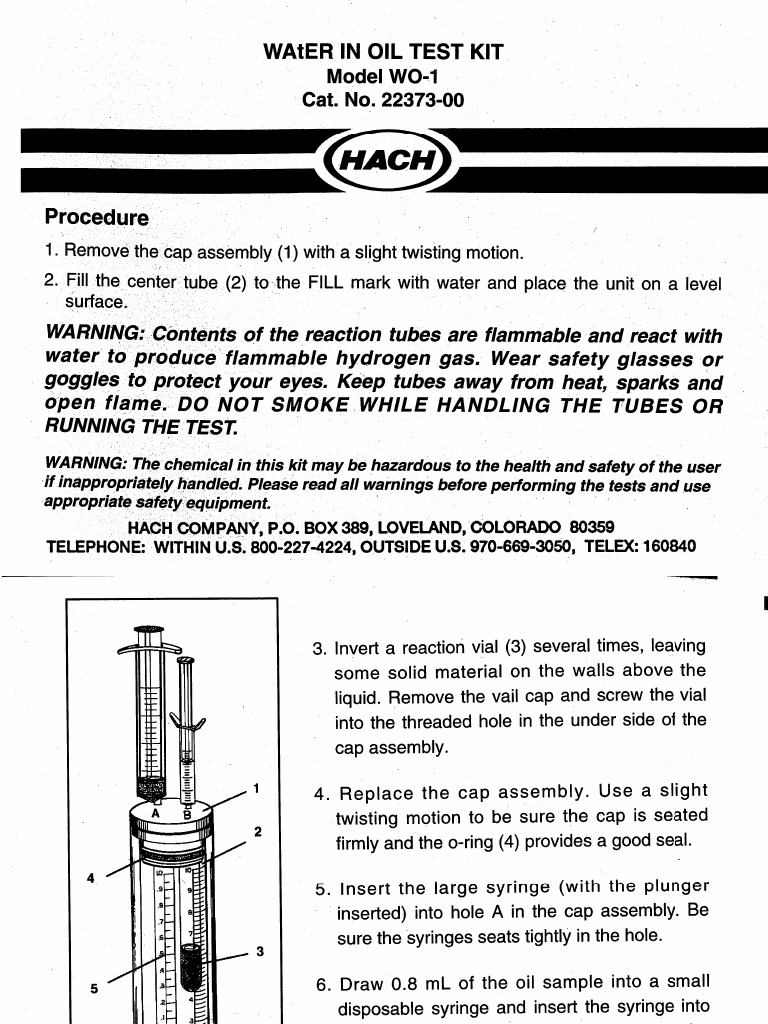 Water-In-Oil Test Kit Manual, Model WO-1, Displacement Kit 22373-00 | PDF