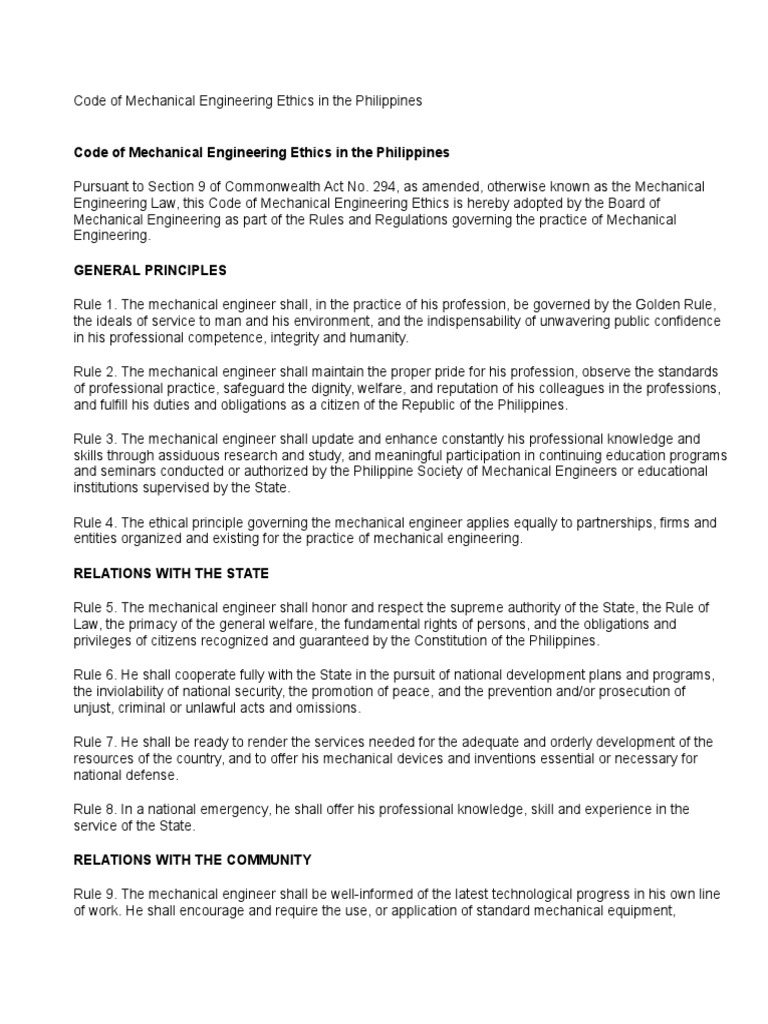 Code of Ethics (Mechanical Engineering in The Philippines) | PDF ...