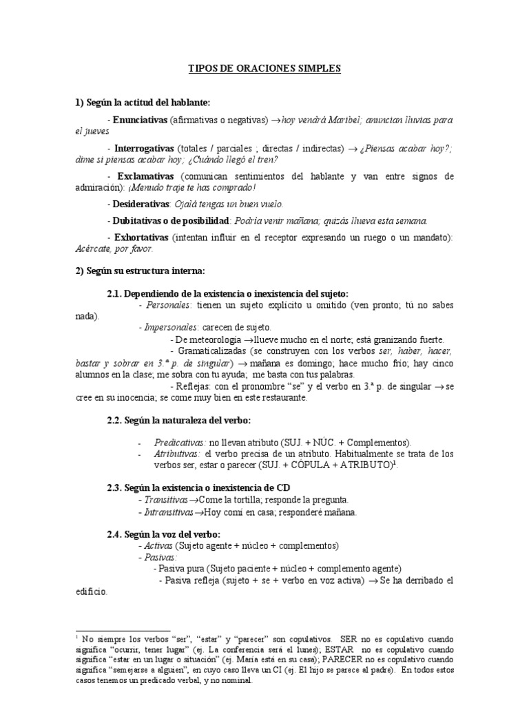 Tipos De Oraciones Simples Pdf Verbo Asunto Gramática