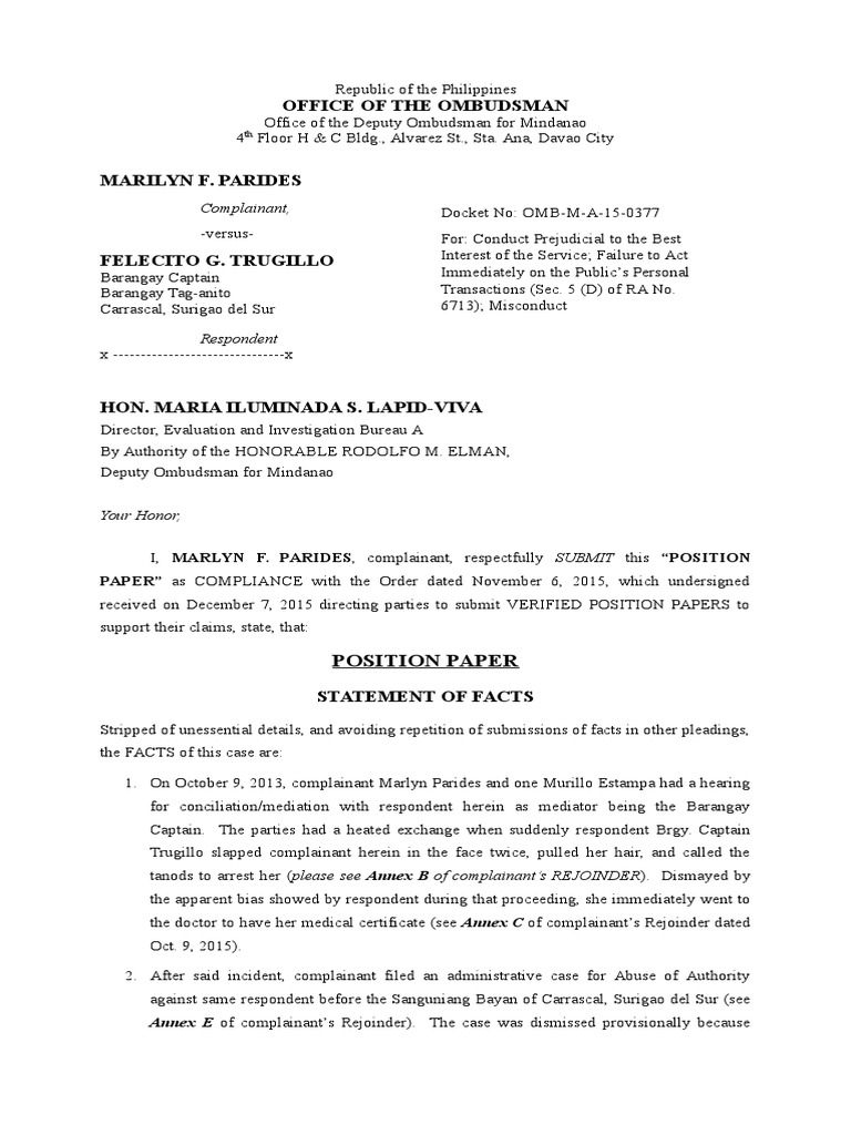 POSITION PAPER Ombudsman Marlyn Paredes | PDF | Evidence | Evidence (Law)