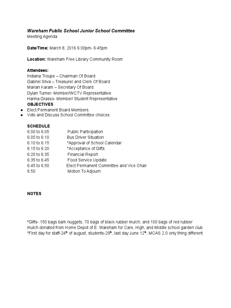Wareham Junior School Committee Agenda | PDF