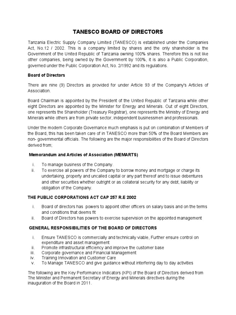 Management+of+TANESCO(1) | Board Of Directors | State Owned Enterprise
