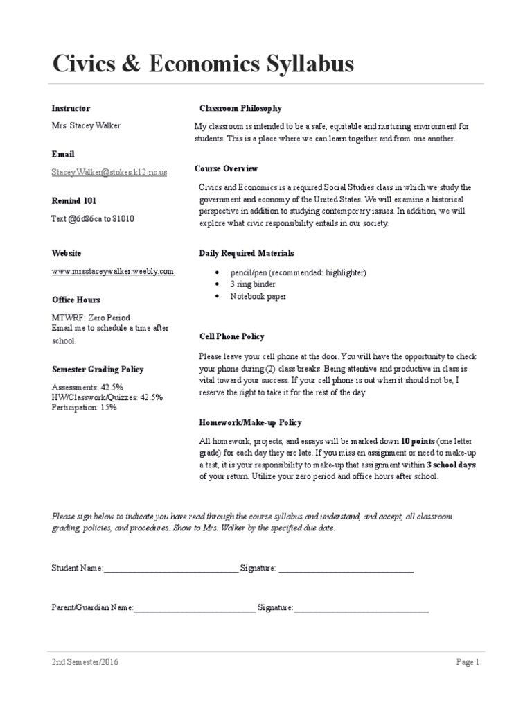 Civics & Economics Class Syllabus | PDF