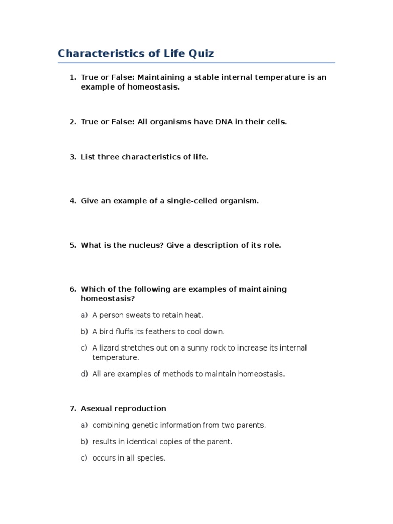 Characteristics of Life Quiz | PDF
