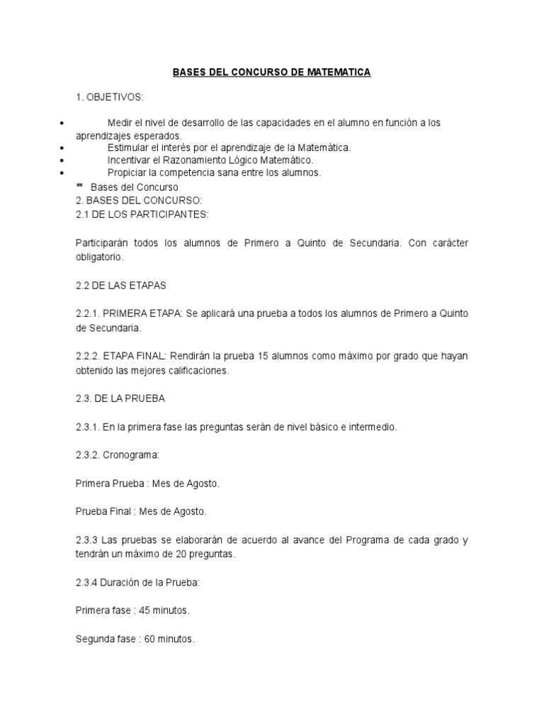 Bases Del Concurso de Matematica | PDF | Educación Secundaria | Maestros
