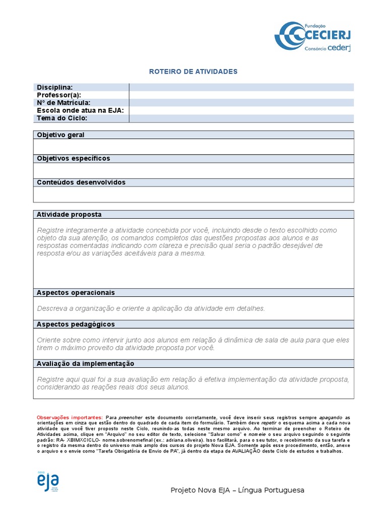 Modelo de Roteiro de Atividades | PDF