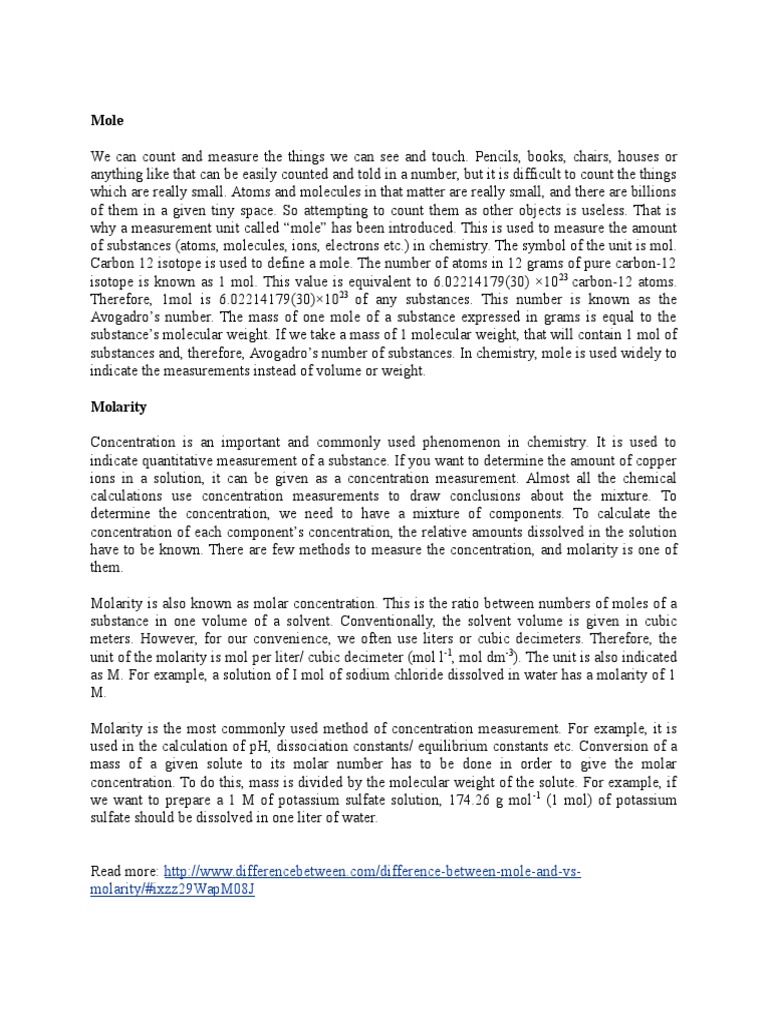 Mole and Molarity..Differences | PDF | Molar Concentration | Mole (Unit)