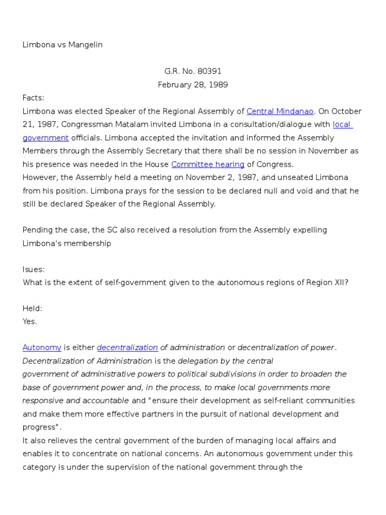 Limbona v. Mangelin Case Summary | PDF | Autonomy | United States Congress