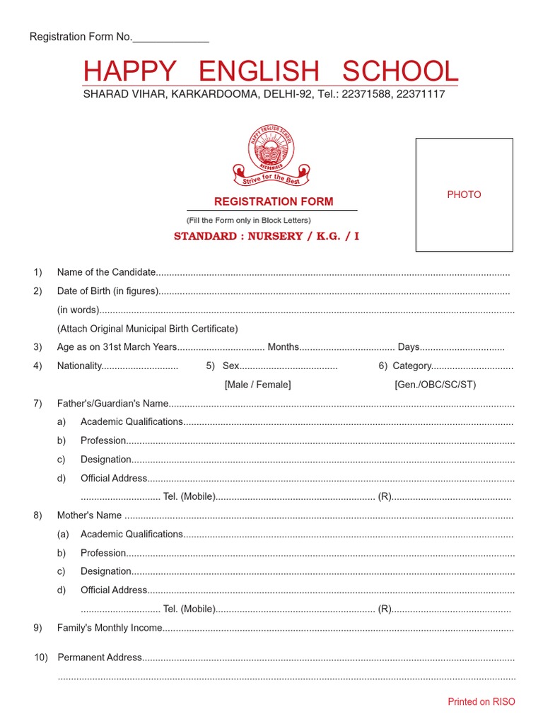Happy English School: Registration Form | PDF
