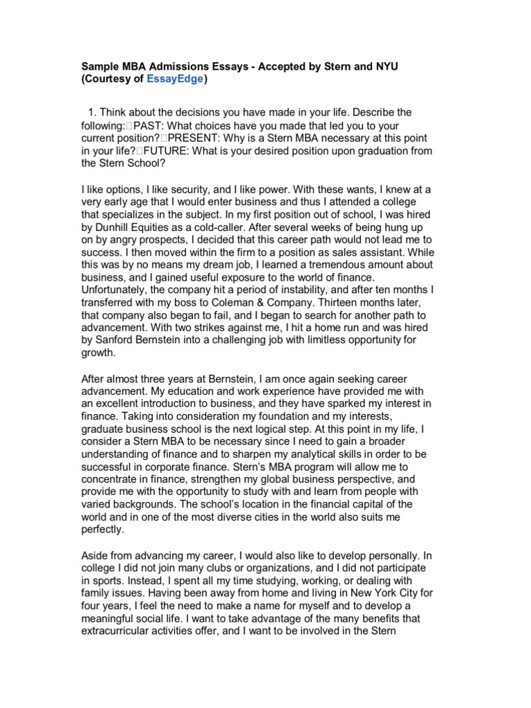 NYU Stern MBA Essay Insights | PDF | Master Of Business Administration ...