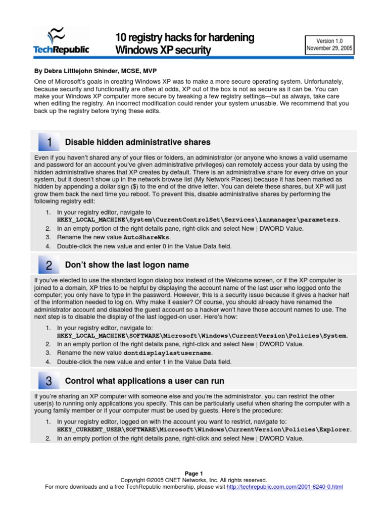 10 Registry Hacks For Windows XP | PDF | Windows Registry | Windows Xp