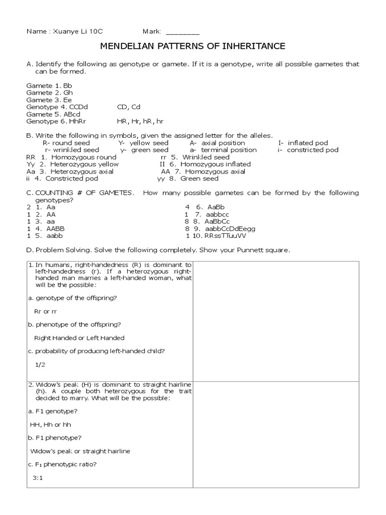 Mendelian Inheritance Practice Worksheet | PDF | Genotype | Zygosity