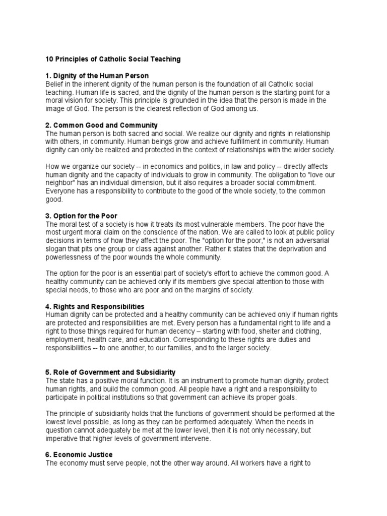 10 Principles of Catholic Social Teaching | PDF | Catholic Social ...